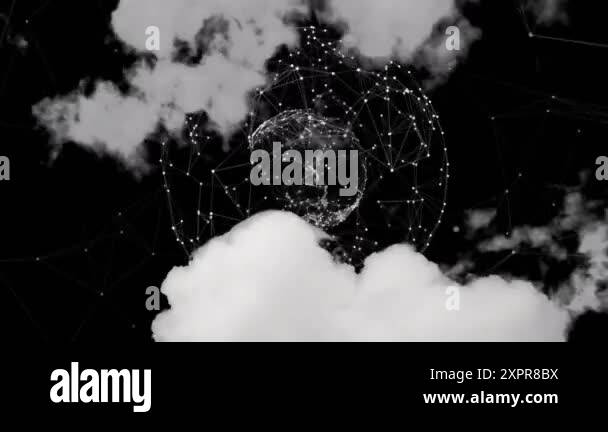 Digital human head with connecting lines and dots animation over clouds ...