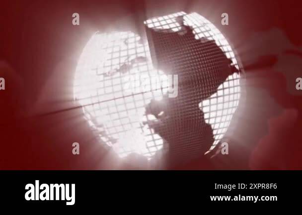 Glowing globe animation with grid lines over red background, spinning and rotating. Global ...