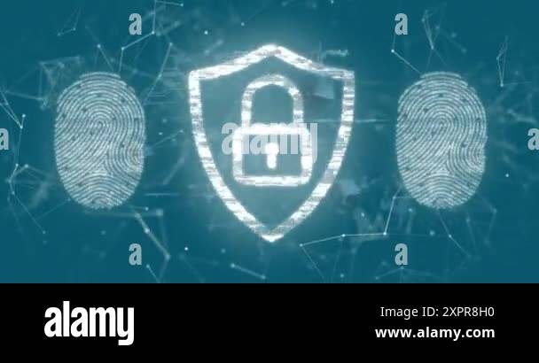 Animation of digital security shield and fingerprints with network ...