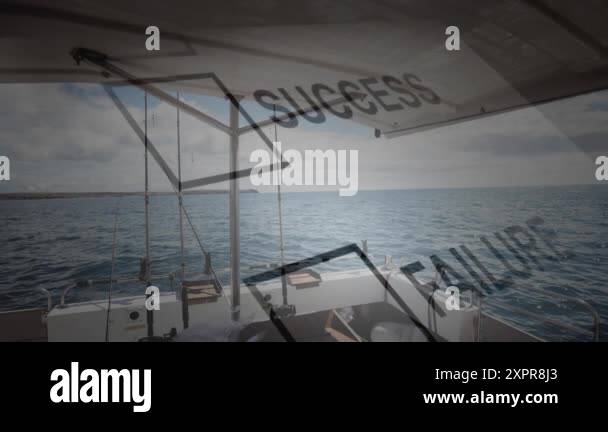 Success and failure text animation over fishing boat on open sea ...