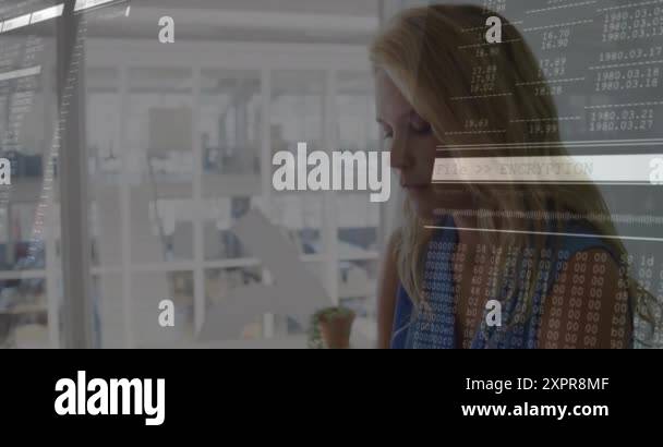 File encryption and data processing animation over woman working in office. Technology ...
