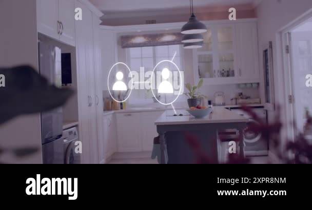 Network of connected user icons animation over modern kitchen ...