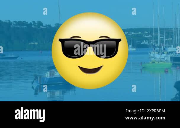 Smiling face with sunglasses animation over boats docked at marina ...