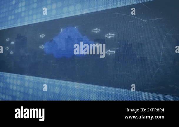 Cloud computing data flow animation over cityscape with arrows ...