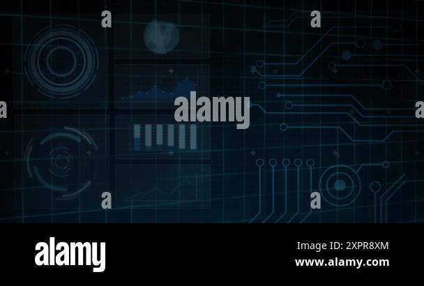 Digital data charts and graphs animation over futuristic interface background. Technology ...