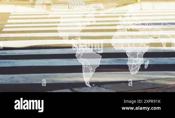 Crossing street, people with world map animation overlay. Travel ...