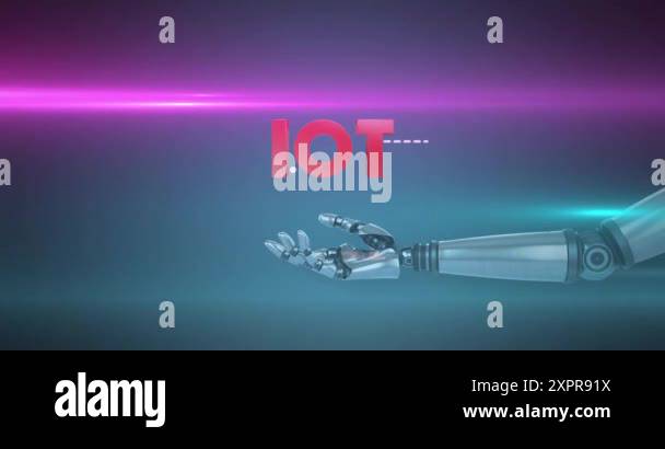 Robotic arm interacting with IoT devices animation over blue background ...