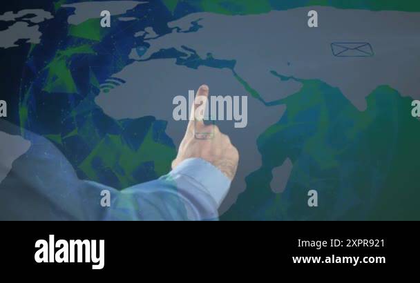 Network communication animation over world map with email and location ...