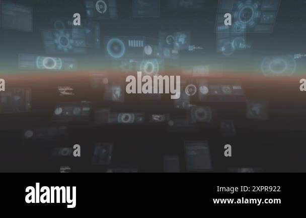 Digital interface screens and data processing animation over dark background. Technology ...