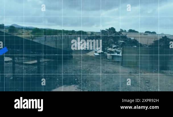 Piles of electronic waste in landfill with data analysis animation over ...