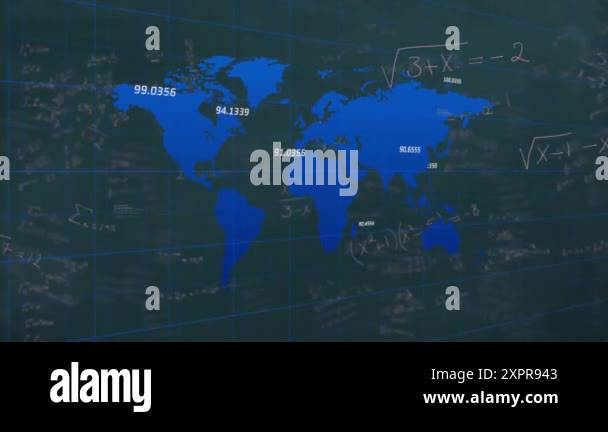 Animated world map with numerical data and mathematical equations. Global, data visualization ...