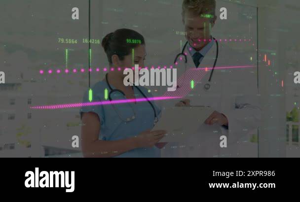 Reviewing tablet data, medical professionals with financial stock ...