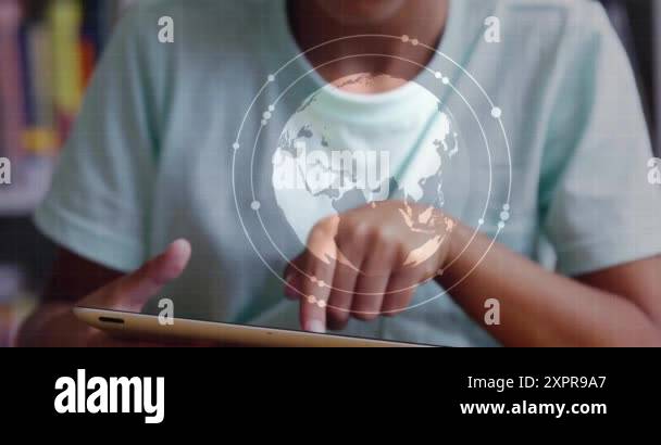 boy using touchscreen device, person analyzing global data with ...