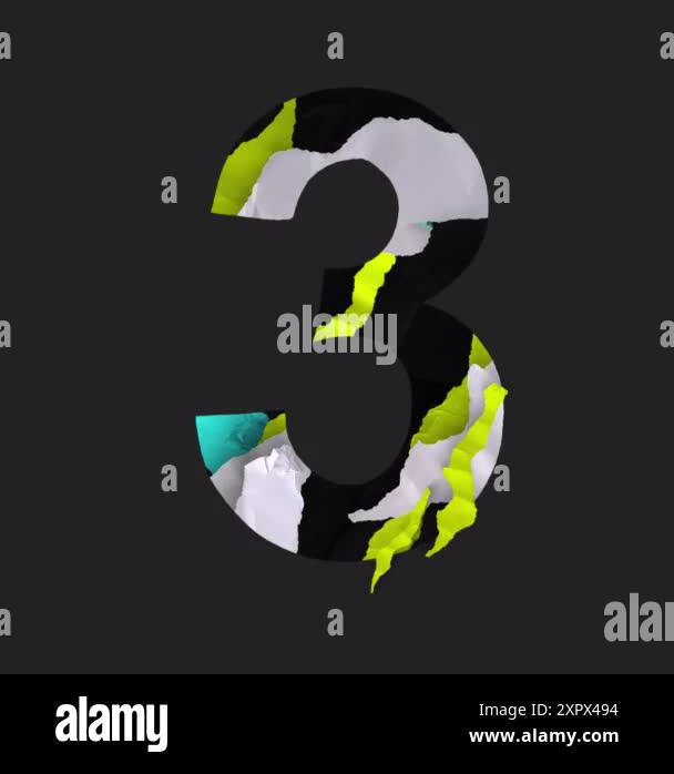 A colourful stop frame motion animated style paper shredded number 3 ...