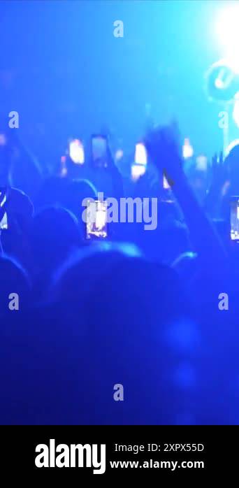 Vertical video slow motion of unrecognizable fans dancing at a concert ...