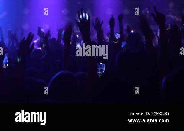 Vertical video slow motion of unrecognizable fans dancing at a concert ...