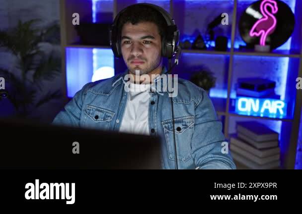 Streamer room professional gamer play computer games in gaming interior ...