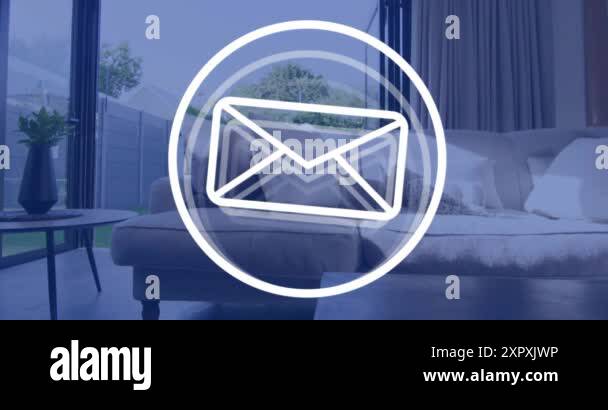 Envelope icon animation over modern living room with sofa and open ...