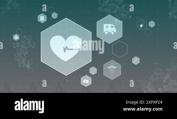 Medical icons and heart rate animation on grid background, representing ...