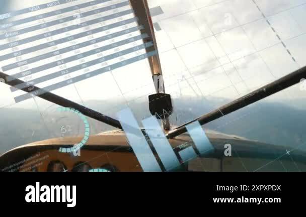 Graphs and charts animation over cockpit view of flying airplane ...