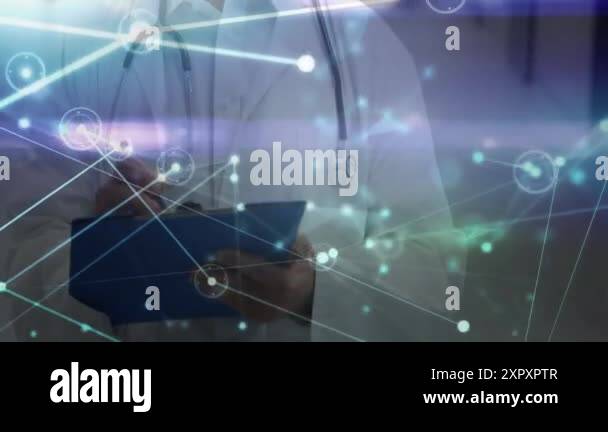 Animation of network of connections with light icons over caucasian ...