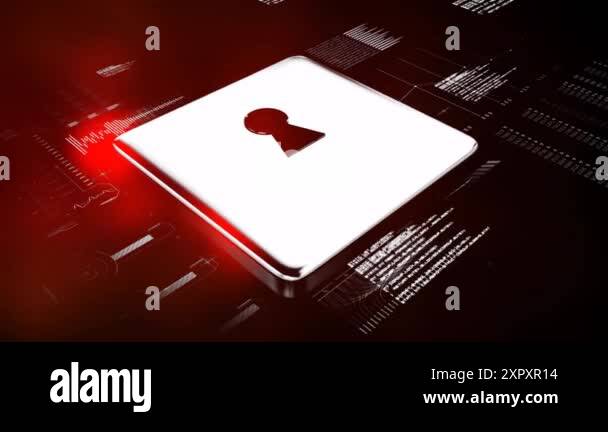 Lock and keyhole with cybersecurity data processing animation over red background. data ...