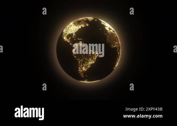 3D animation of rotating golden Earth globe with flickering light with ...