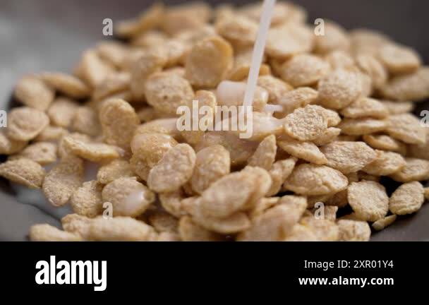 Plant based milk pouring into a gray bowl with nutritious breakfast ...