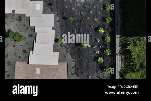 An overview showcases a modern garden layout with a structured pathway ...