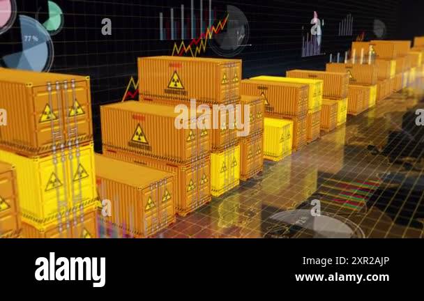 Radioactive waste and nuclear cargo containers on charts and diagrams ...