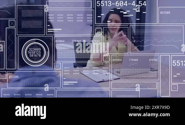 Animation of data processing and diagrams over diverse colleagues ...
