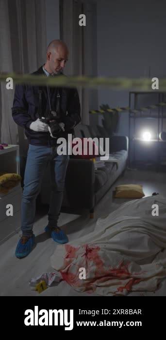 Bald investigator photographs indoor crime scene with body, blood ...