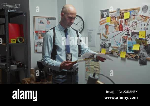 Bald detective analyzes evidence in an investigation room with a board ...