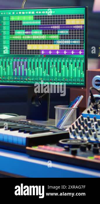 Vertical Video Empty home studio desk with DAW software and mixing ...