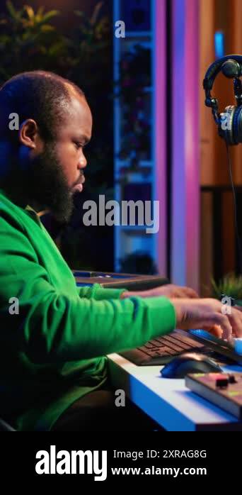 Vertical Video Artist playing electronic piano keyboard notes and ...