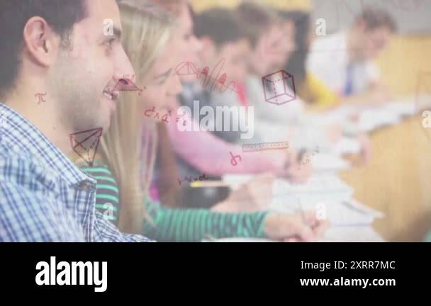 Mathematical equations and geometric shapes animation over students ...