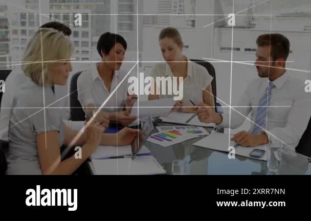 Business meeting with charts and graphs, data analysis animation over ...