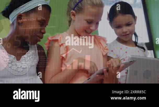 Binary code animation overlaying children using tablet together in school. Technology, coding ...