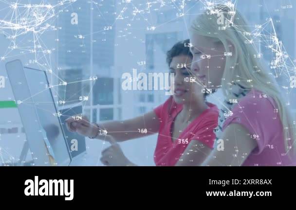 Network of connections and data points animation over women ...