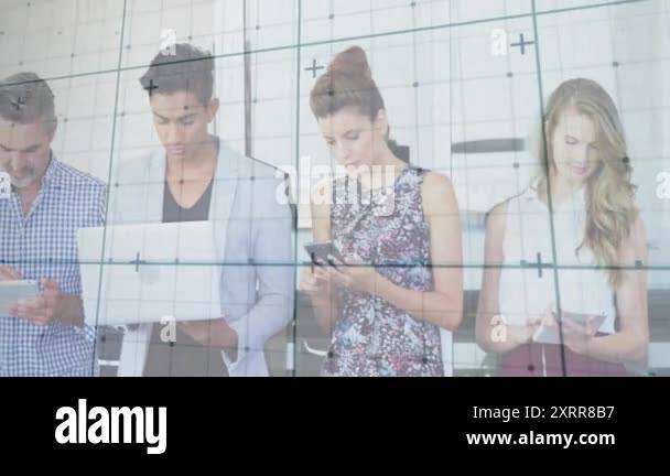 Grid and data points animation over diverse people using digital ...