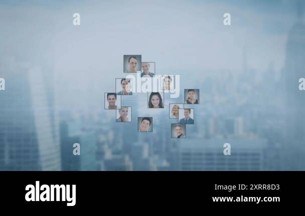 Connecting network animation over portraits of diverse business people ...