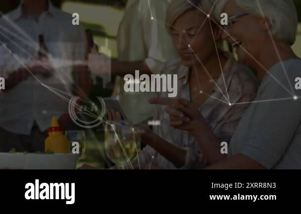 Network connections and data points animation over people enjoying ...