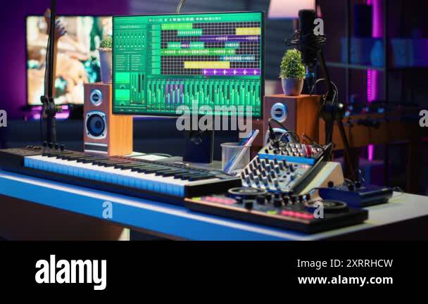 Empty home studio desk with DAW software and mixing console used for ... Empty home studio desk with DAW software and mixing console used for ...