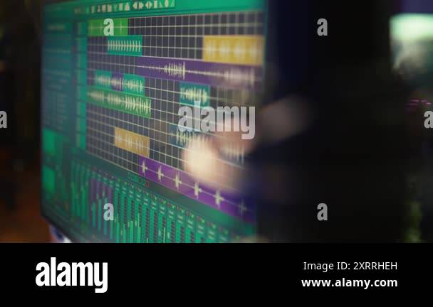 Empty home studio desk with DAW software and mixing console used for ... Empty home studio desk with DAW software and mixing console used for ...