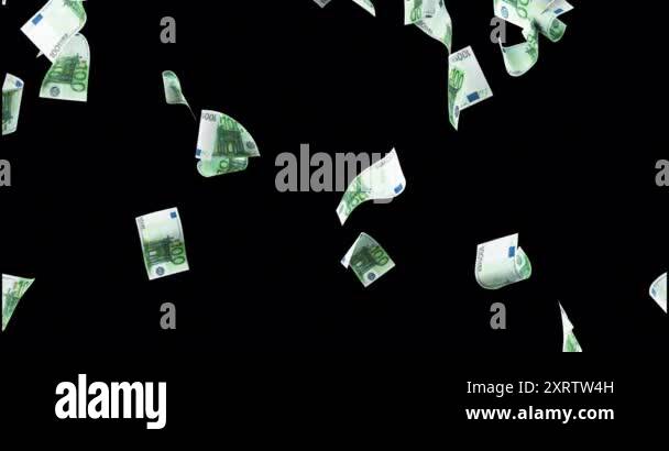 Euros bills falling down, 3D animation isolated on transparent ...