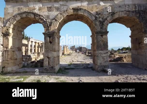 Denizli, Turkey - 18 February 2020: Ruins of Hierapolis city in Pamukkale, showcasing well ...