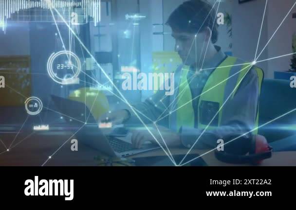 Construction worker using tablet, data network animation over office ...