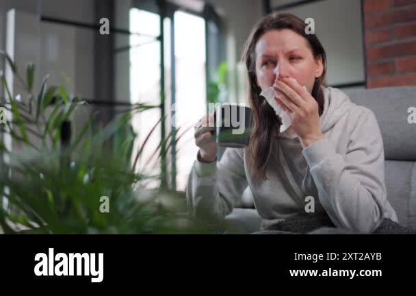 Sick girl got flu or caught cold, having allergy symptoms. Ill allergic ...