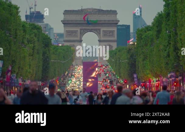 Paralympic games symbol affixed to the Arc de Triomphe in Paris ...