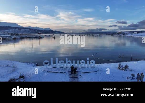 Ushuaia Sign At Ushuaia In Tierra Del Fuego Argentina. Bay Water ...